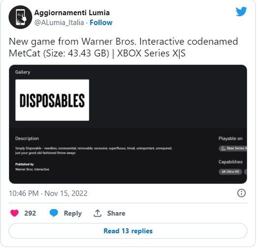 Датамайнер нашел в базе Microsoft Store таинственную игру WB Games под кодовым названием MetCat ...